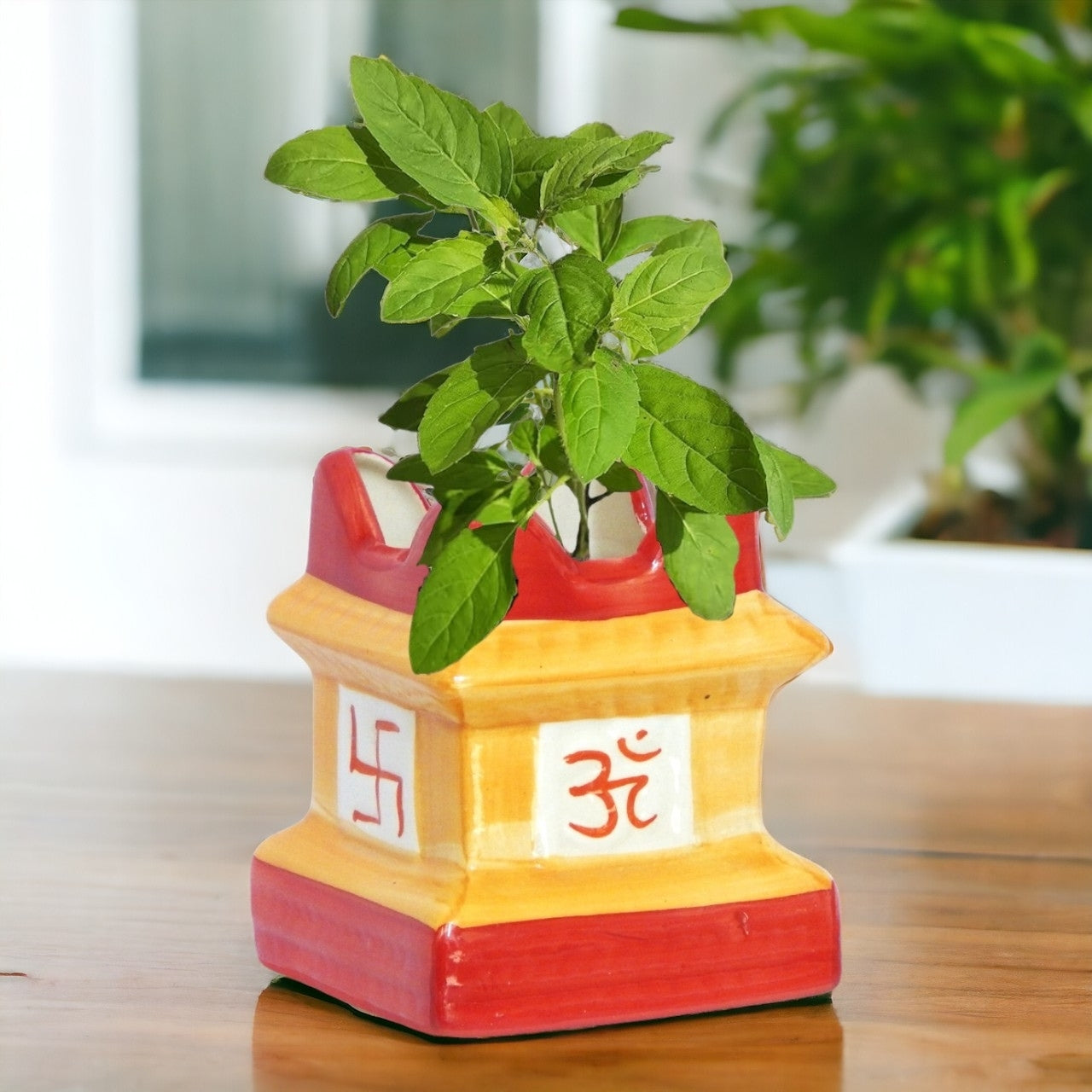 Yellow & Red Temple-Style Ceramic Tulsi Planter – Handcrafted Hindu Sa ...