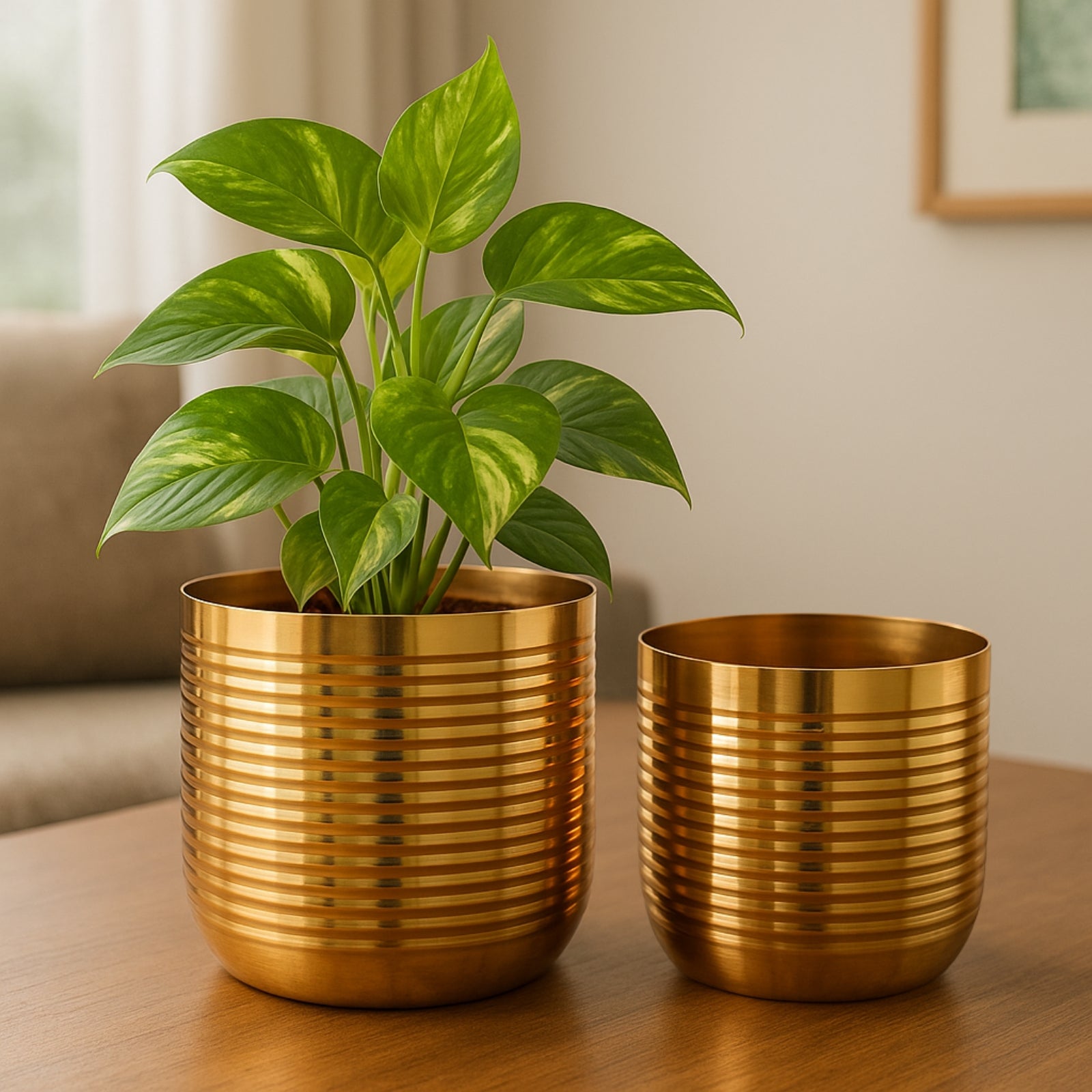 Premium Golden Metal Planter – Set of 2, Spiral Design – Ecofynd